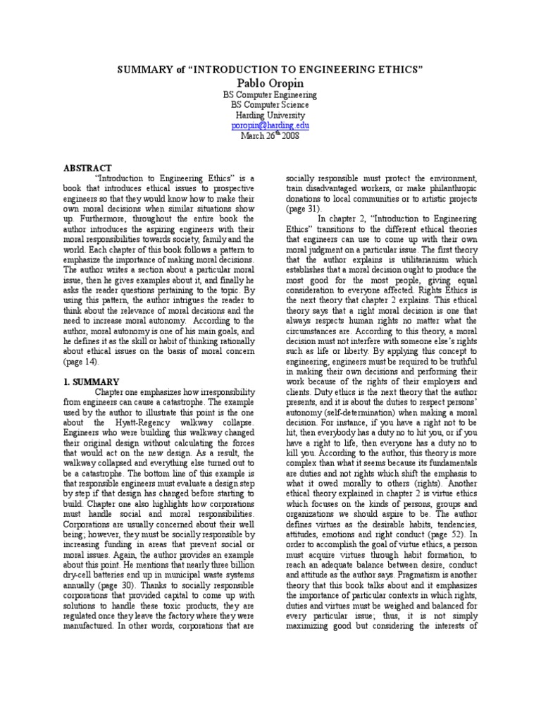 Introduction To Engineering Ethics - Summary | PDF | Chernobyl Disaster ...