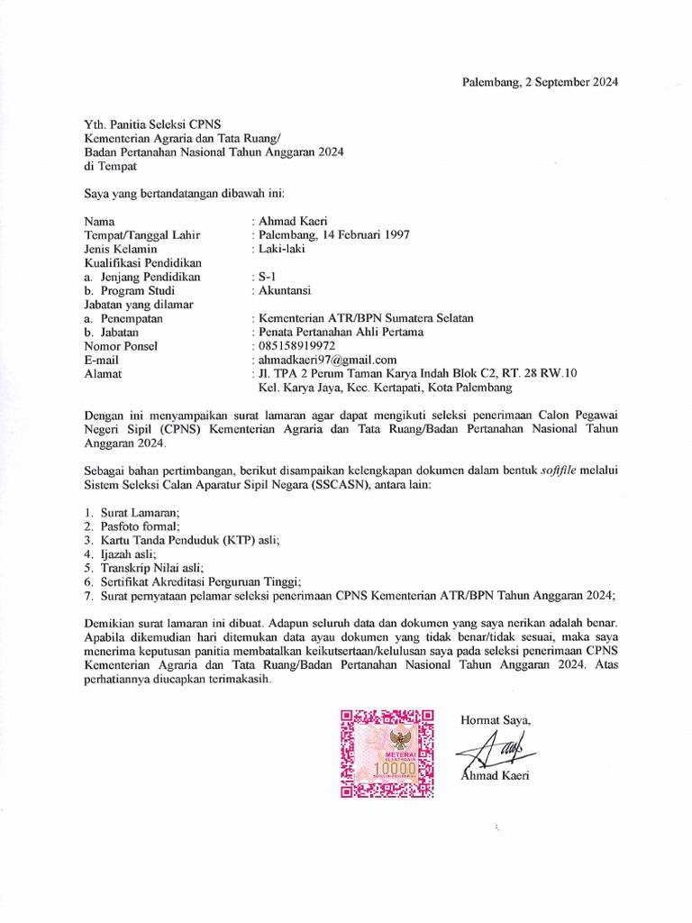 surat lamaran (e materai) | PDF