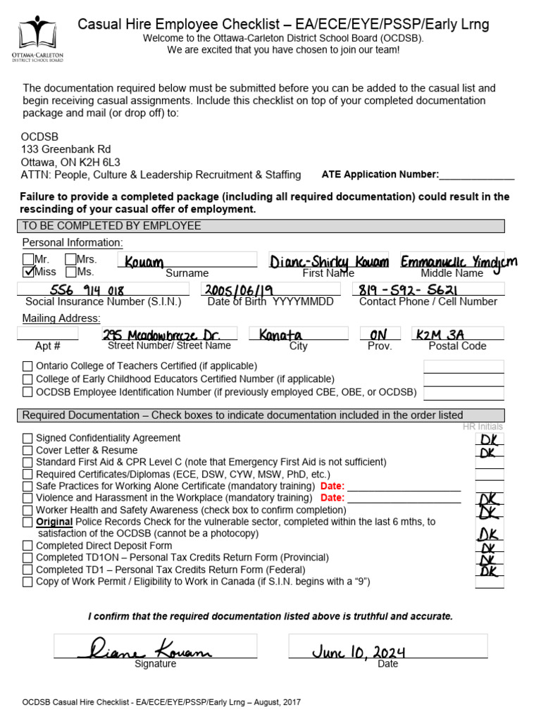 Casual Hire Employee Checklist EA ECE ELA PSSP | PDF