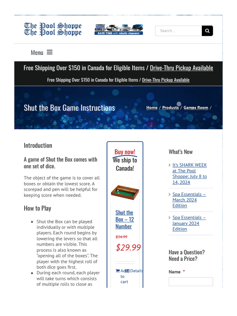 Shut The Box Game Instructions - The Pool Shoppe | PDF