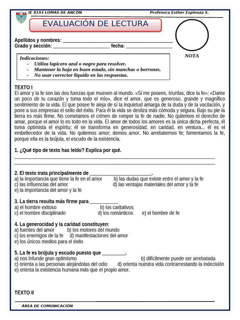 examen de lectura 3er bimestre | PDF