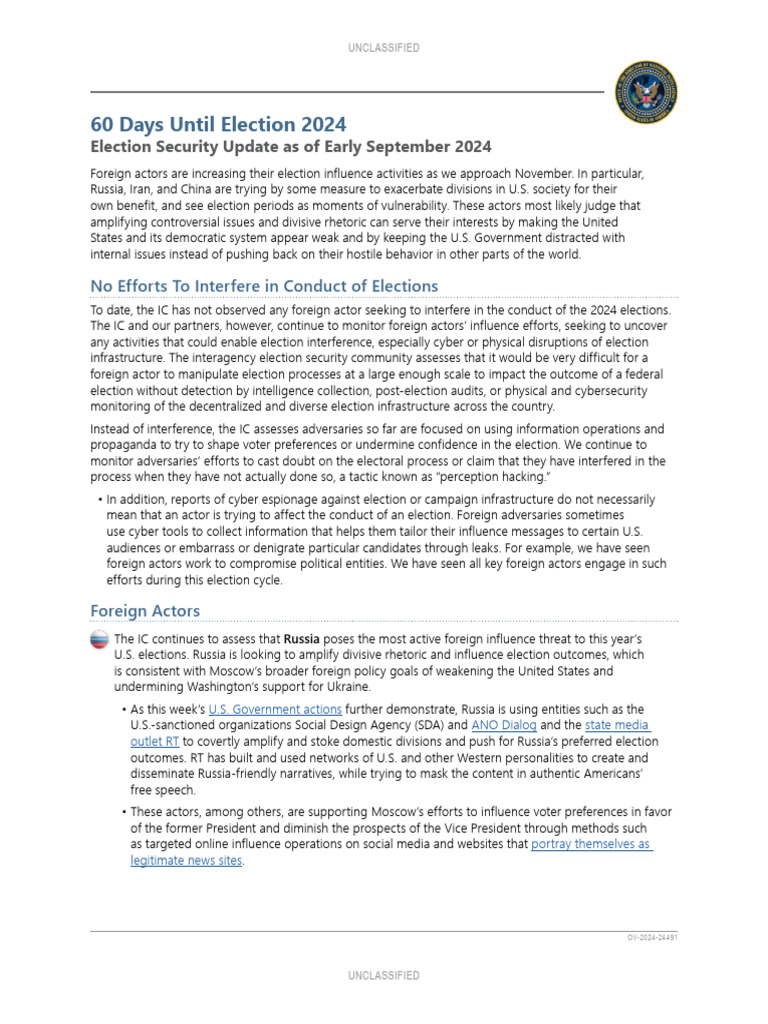 ODNI Election Security Update 20240906 | PDF | Elections | Politics