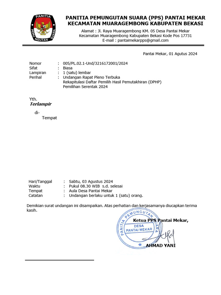 005-Undangan Pleno Terbuka DPHP PPS Pantai Mekar | PDF