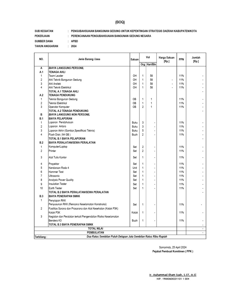 Biaya Langsung Personil: Ir. Muhammad Ilham Syah, S.ST, M.Si | PDF