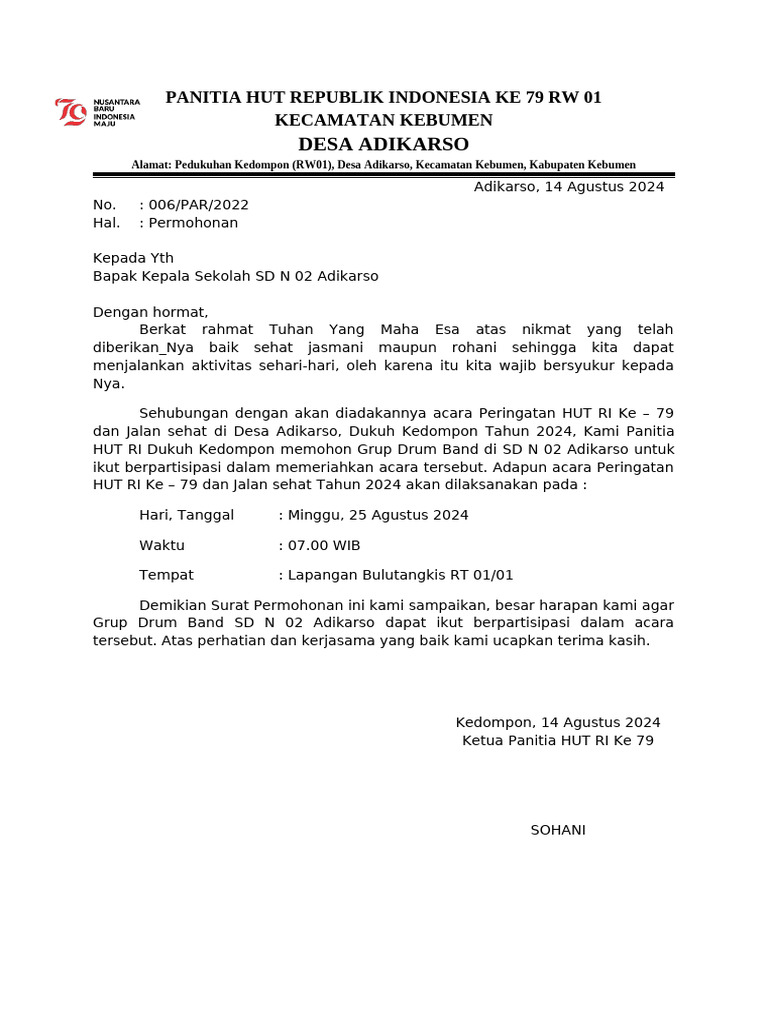Surat Permohonan Drum Band SD 02 Adikarso | PDF