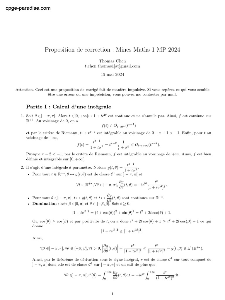 Math 1 MP2024 Cor | PDF
