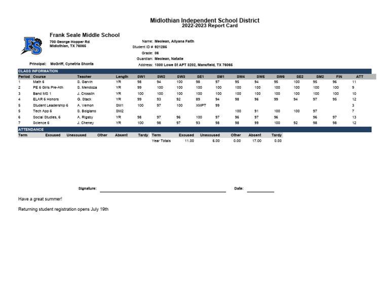 6th Six Weeks Report Card - Final | PDF