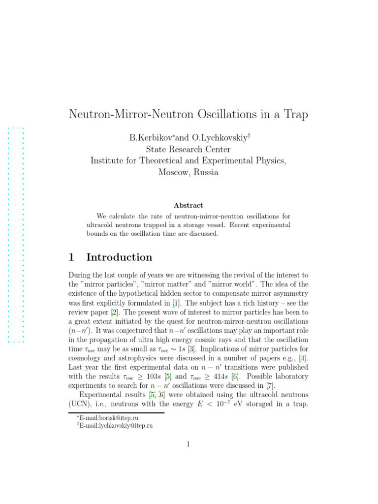 Neutron-Mirror-Neutron Oscillations in A Trap | PDF | Physics ...