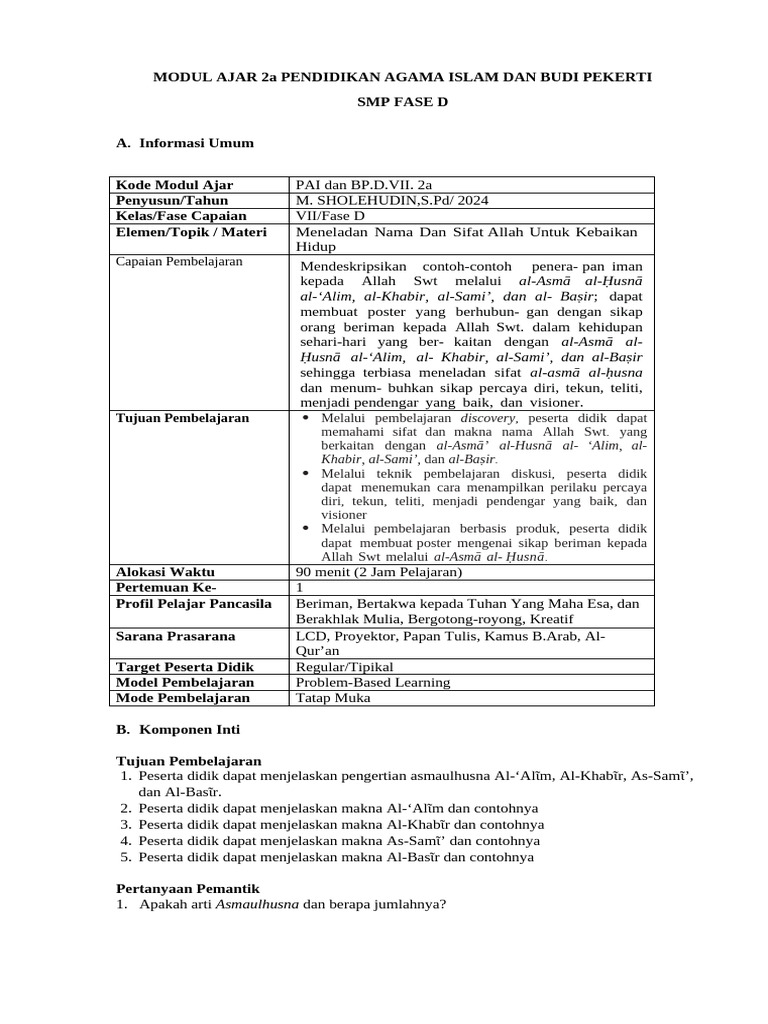 Modul Ajar Pai Dan BP SMP Kelas Vii Bab 2 | PDF