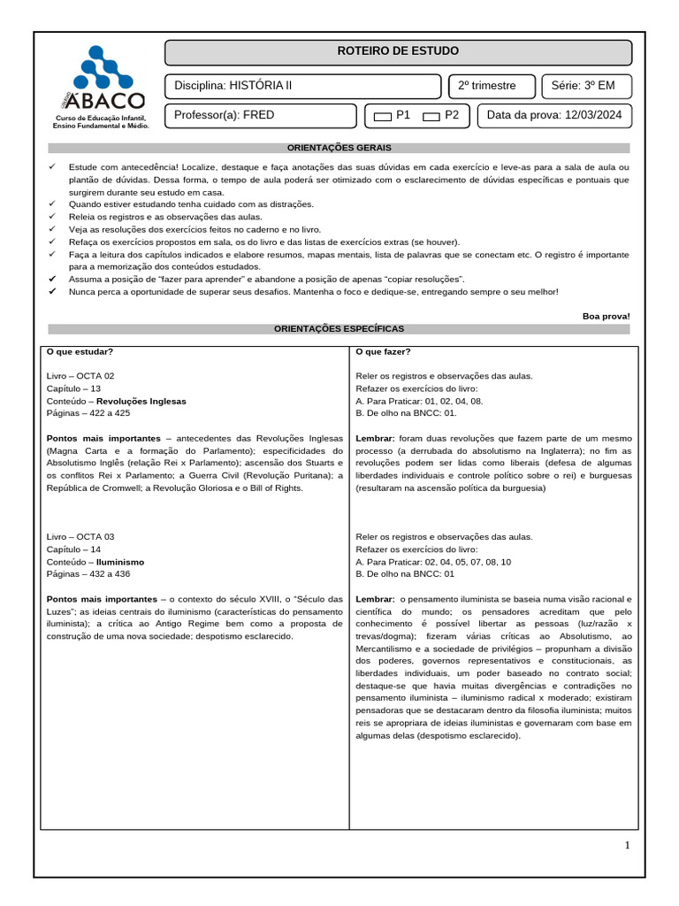Roteiro de Estudo Prova 2tri Hist II | PDF