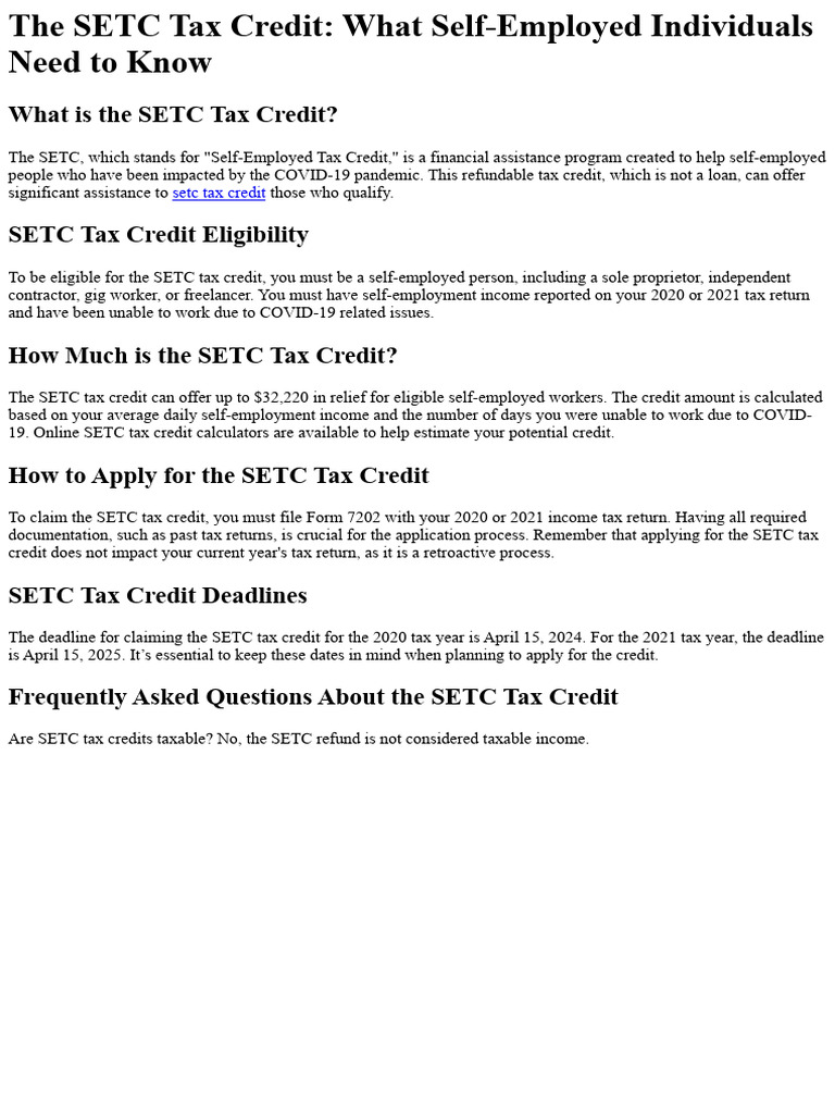 What Is The SETC Tax Credit? 169810 | PDF | Self Employment | Finance ...