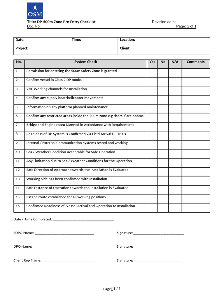 1. DP-500m Zone Pre-Entry Checklist | PDF