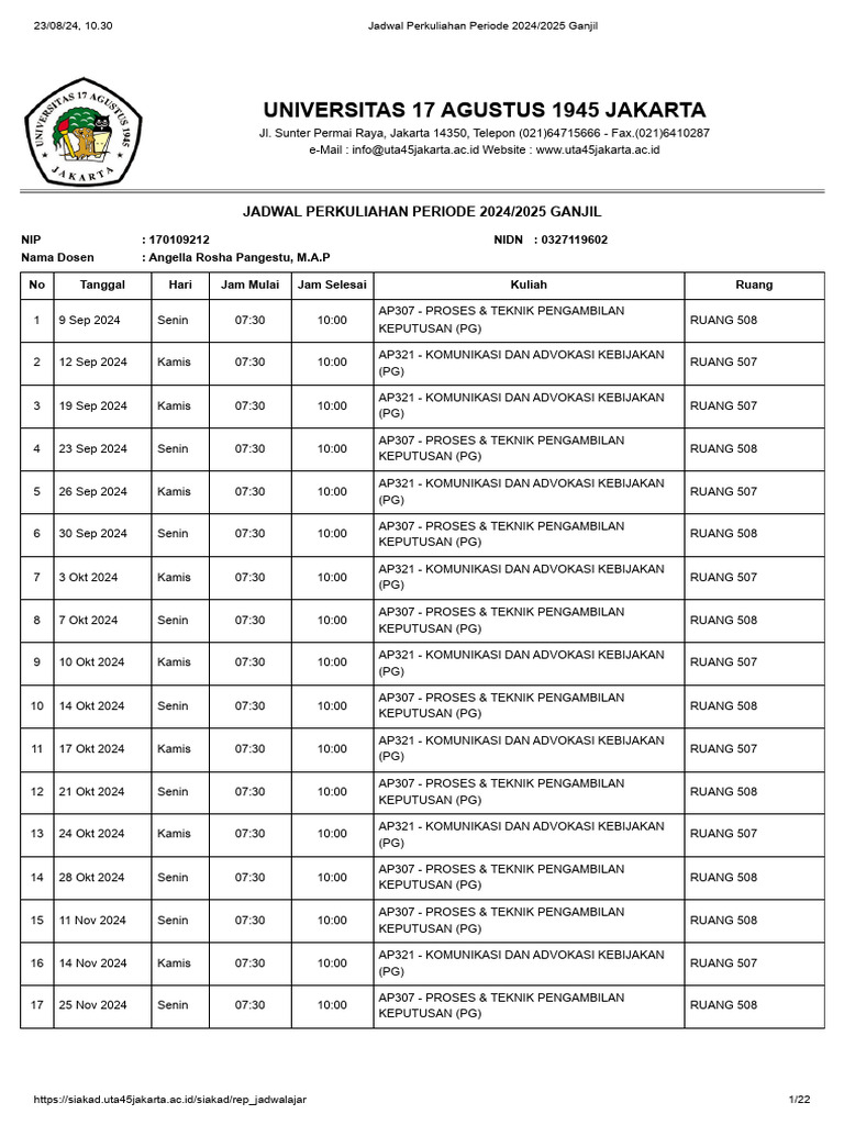 Jadwal Perkuliahan Periode 2024 - 2025 Ganjil | PDF