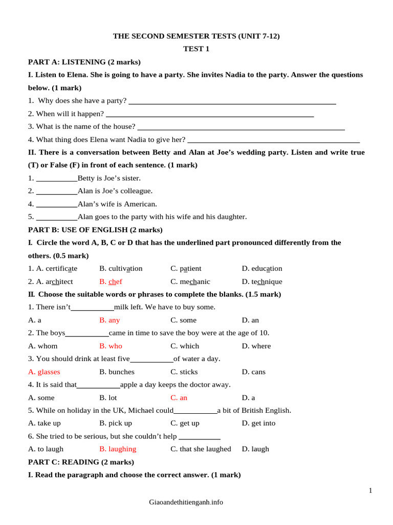 The Second Semester Tests (Unit 7-12) | PDF