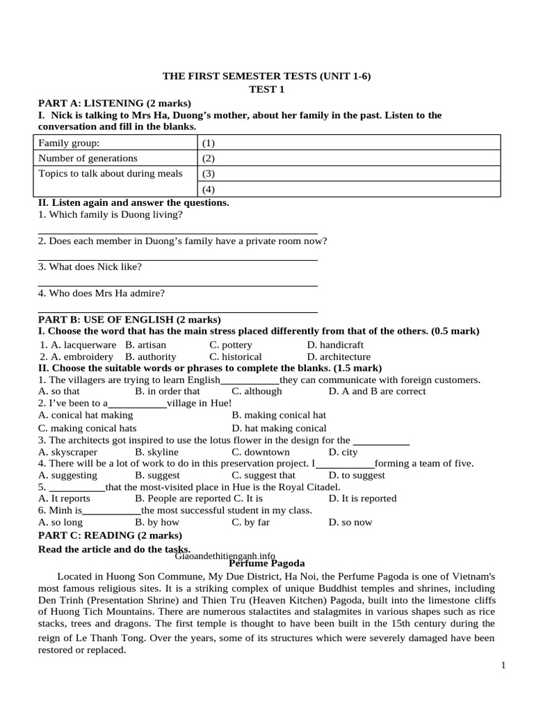 The First Semester Tests (Unit 1-6) | PDF