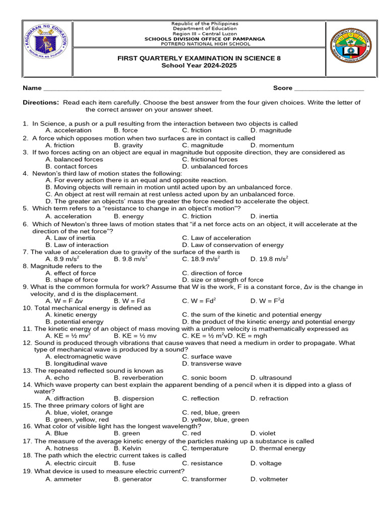 SCIENCE-8-FIRST-Grading-Periodic-Test - withLETTERHEAD WD Answer | PDF