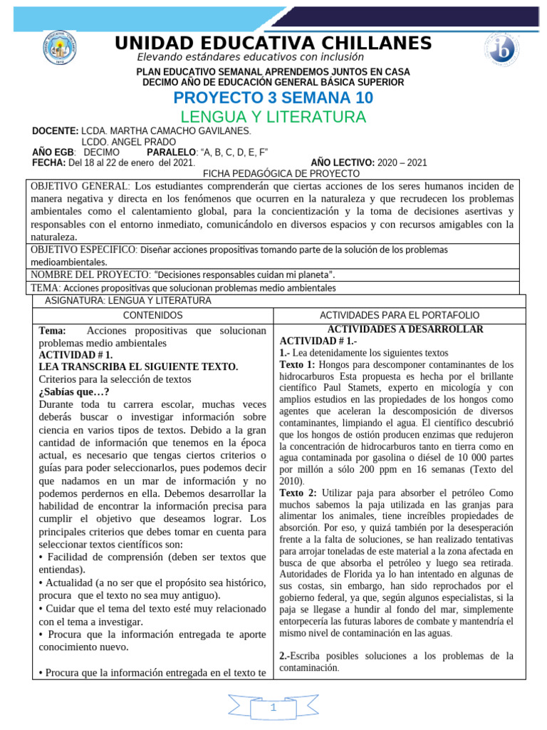 Proyecto 3 Semana 10 Decimo (A, B, C, D, E) | PDF