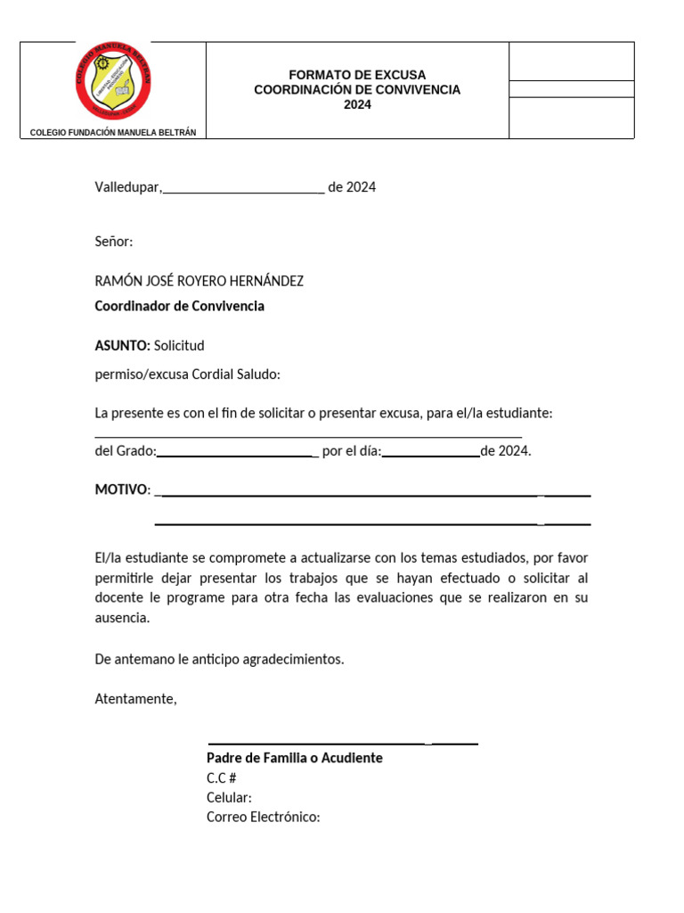 Carta Permiso o Excusa Colegio Manuela Beltran 2024 | PDF