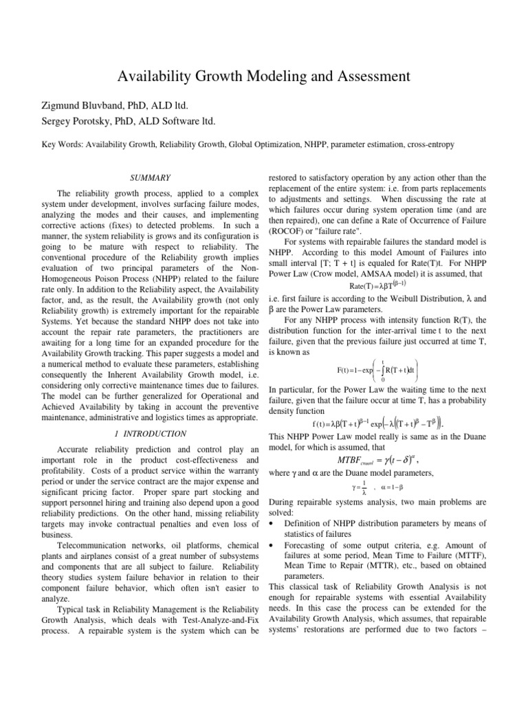 Availability Growth Modeling and Assessment | PDF | Reliability Engineering | Mathematical ...