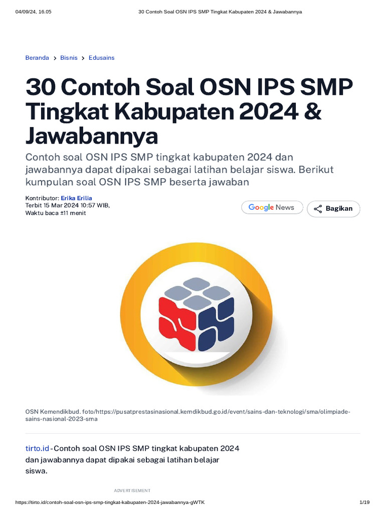 30 Contoh Soal OSN IPS SMP Tingkat Kabupaten 2024 & Jawabannya | PDF