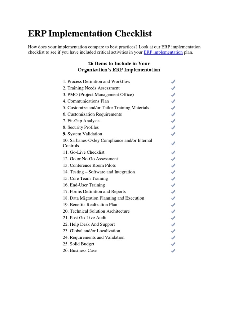 Erp Implementation Checklist Pdf Enterprise Resource Planning