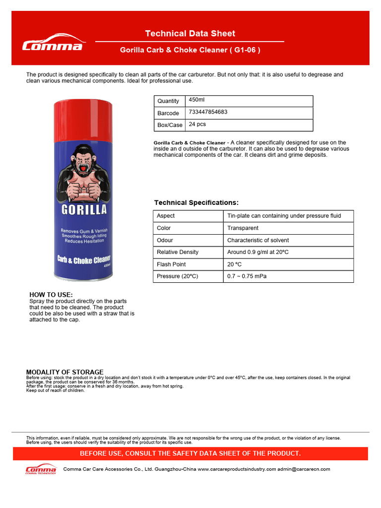 TDS - G1-06 - Gorilla Carb & Choke Cleaner | PDF