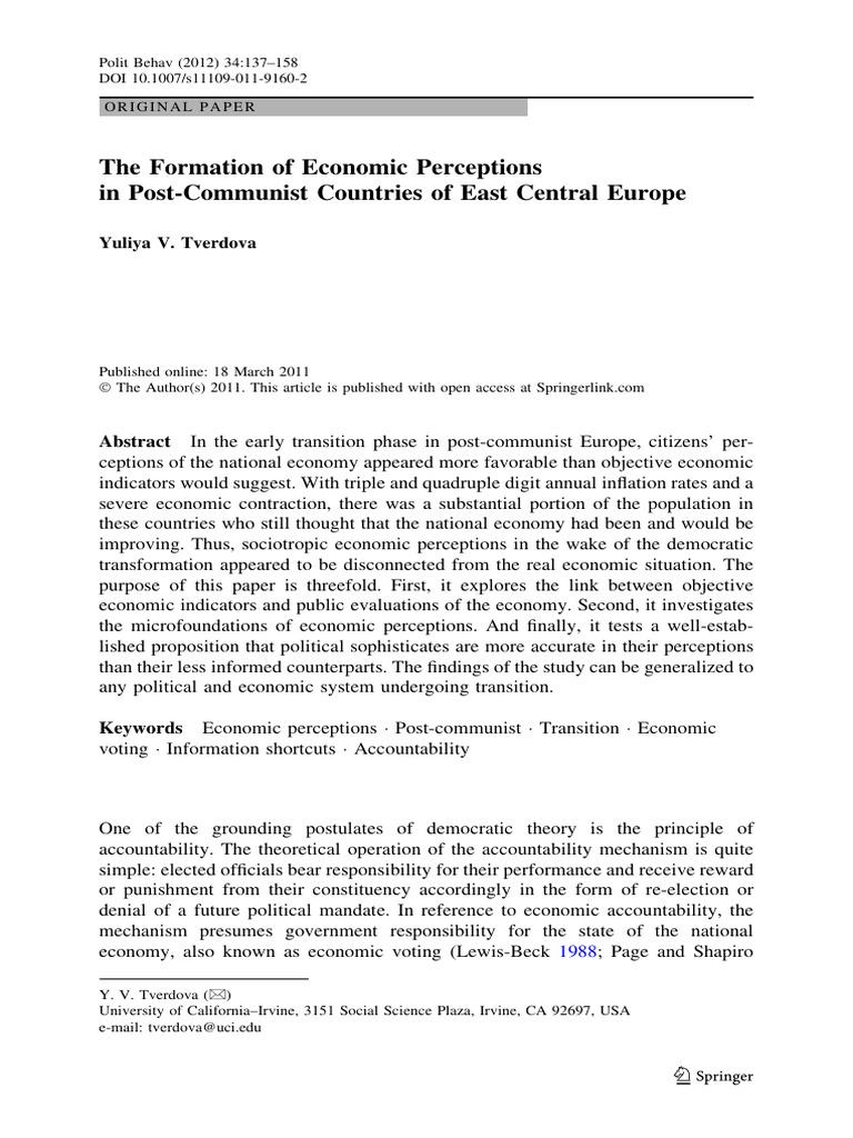 The Formation of Economic Perceptions in Post-Communist Countries of East Central Europe | PDF ...