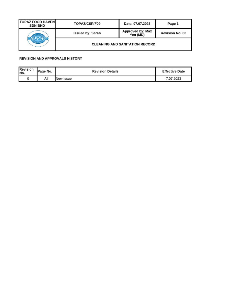 F-09 Cleaning and Sanitation Form | PDF