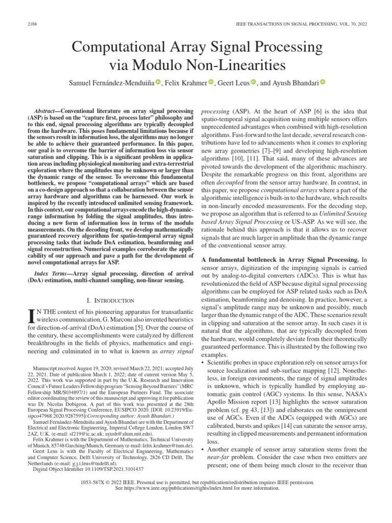 Computational Array Signal Processing Via Modulo Non-Linearities | PDF