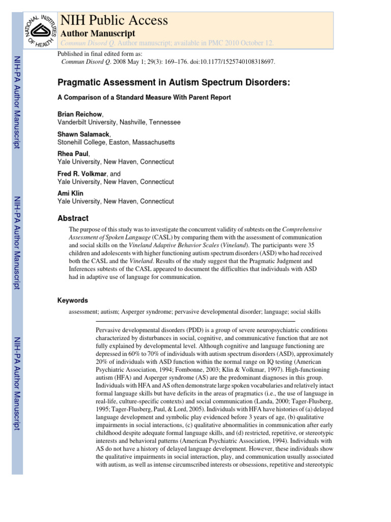 Pragmatic Assessment in Autism Spectrum | PDF | Autism Spectrum ...