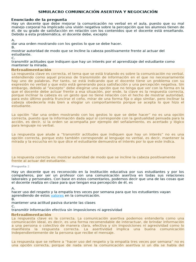 Simulacro 8 Comunicación Asertiva y Negociación | PDF | Comunicación | Comunicación no verbal