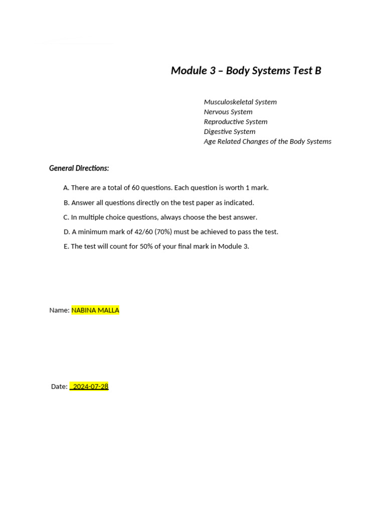IV-4 Test - Module 3 Body Systems (B) | PDF