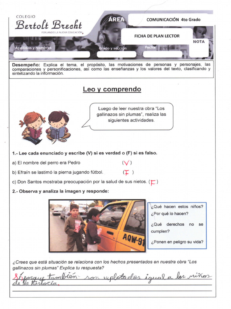 Ficha de Comunicación Gallinazos Sin Plumas Semana 5 BIM 1 2022 | PDF
