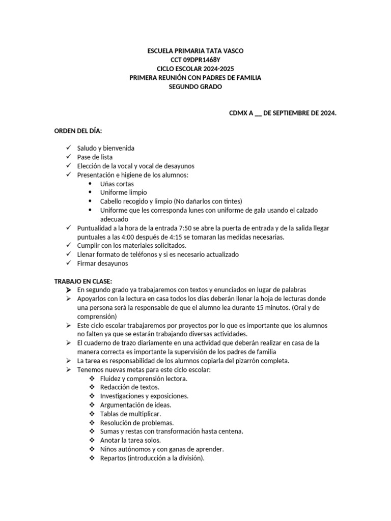 Segundo Grado Primera Reunión Con Padres de Familia | PDF