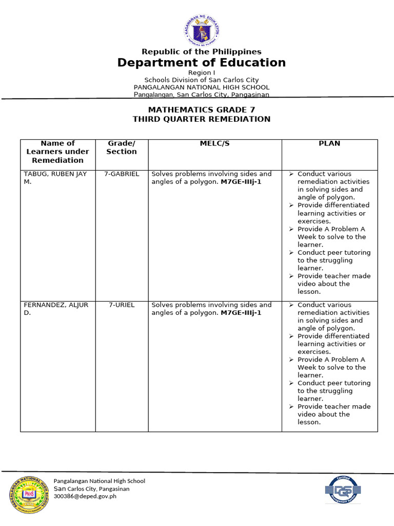 Grade 7 Math Remediation Plan | PDF | Pedagogy | Education Theory
