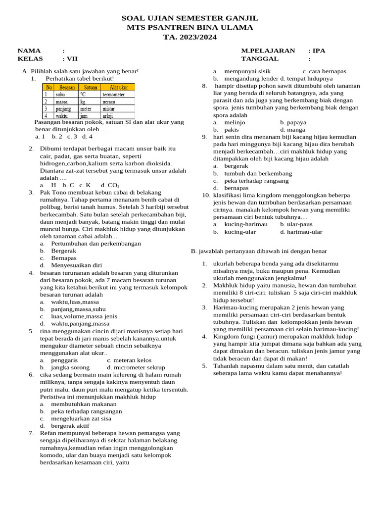 Soal Ipa Semester Ganjil 2023 | PDF