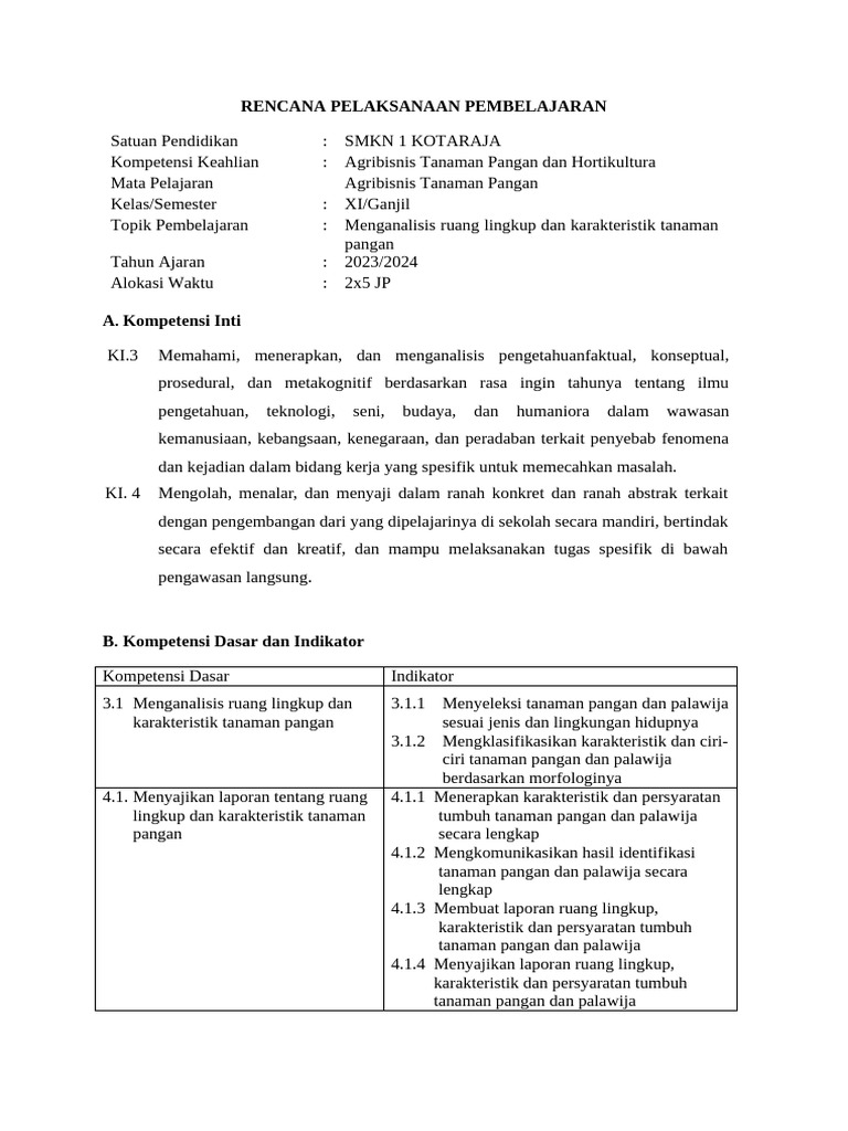 RPP KD 1 Menganalisis Ruang Lingkup Dan Karakteristik Tanaman Pangan | PDF
