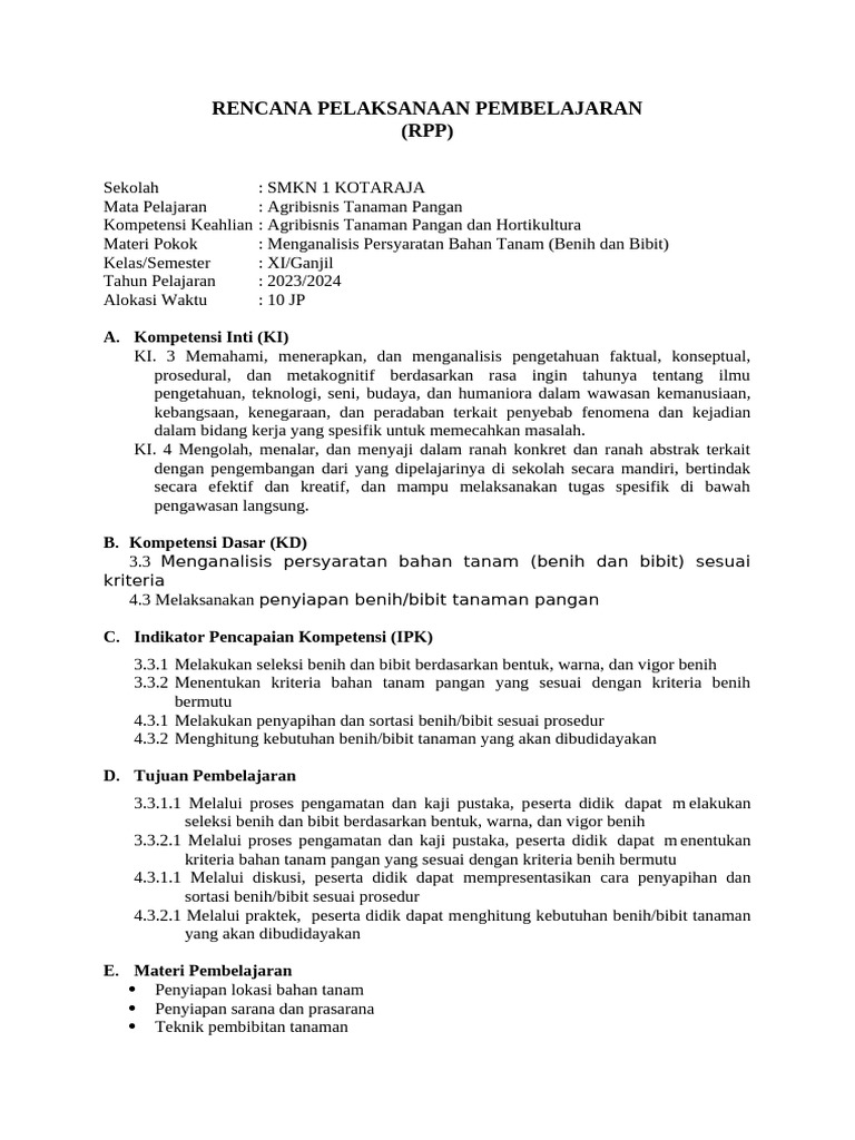RPP KD 3 Menganalisis Persyaratan Bahan Tanam | PDF