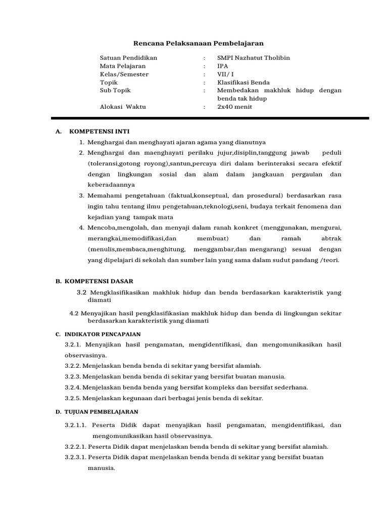 RPP KD 3 2 Klasifikasi Benda | PDF