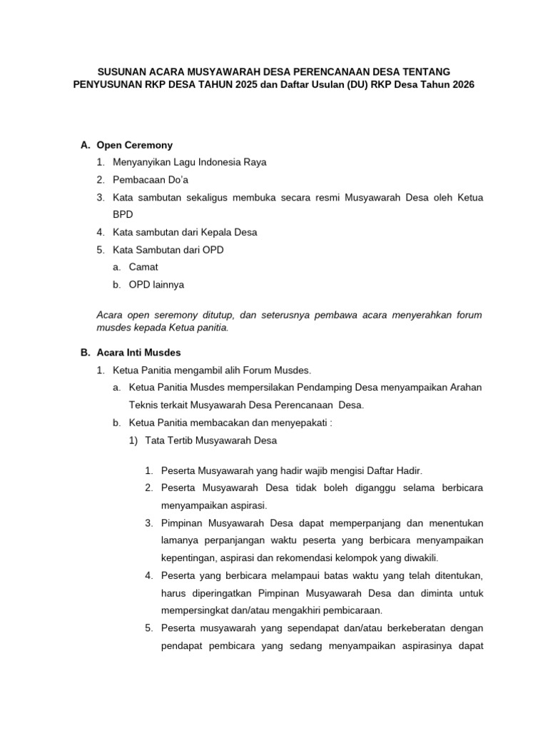 SUSUNAN ACARA MUSYAWARAH DESA PERENCANAAN DESA TENTANG PENYUSUNAN RKP ...