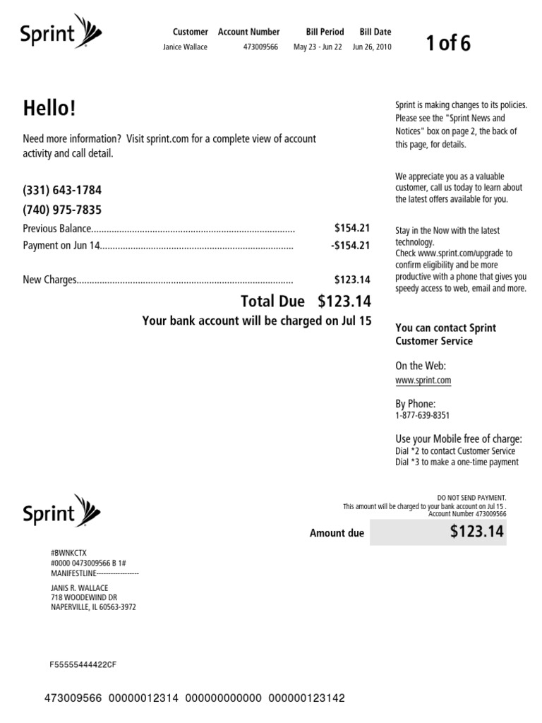 Sprint Cell Phone Bill Template | PDF