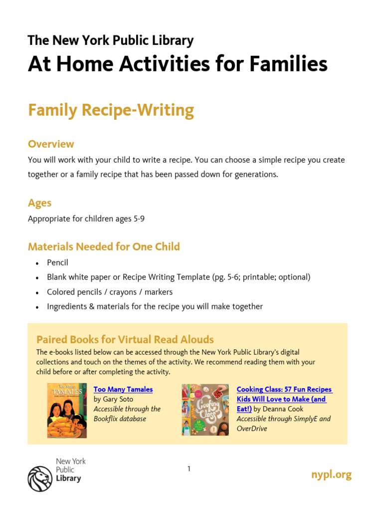 At Home Activities For Families - Recipe-Writing | PDF