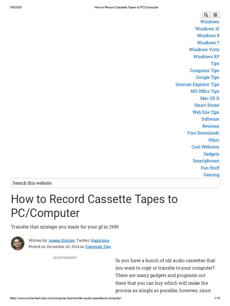 Record Cassette Tapes to PC Guide | PDF | Personal Computers | Computing