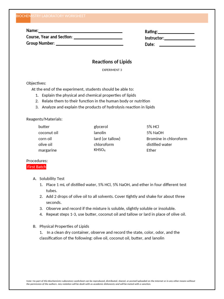 Experiment 3 Reactions of Lipids - Biochem Lab | PDF