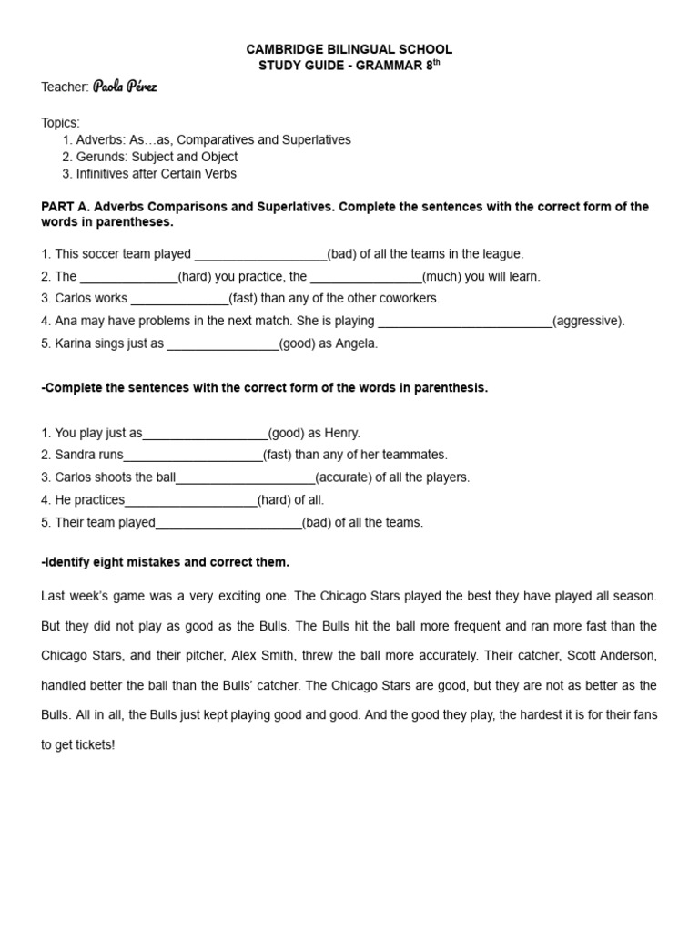 8° Grammar Study Guide | PDF