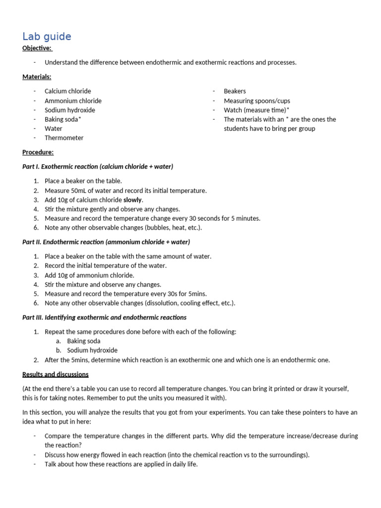 Lab Guide - Exothermic and Endothermic Reactions | PDF