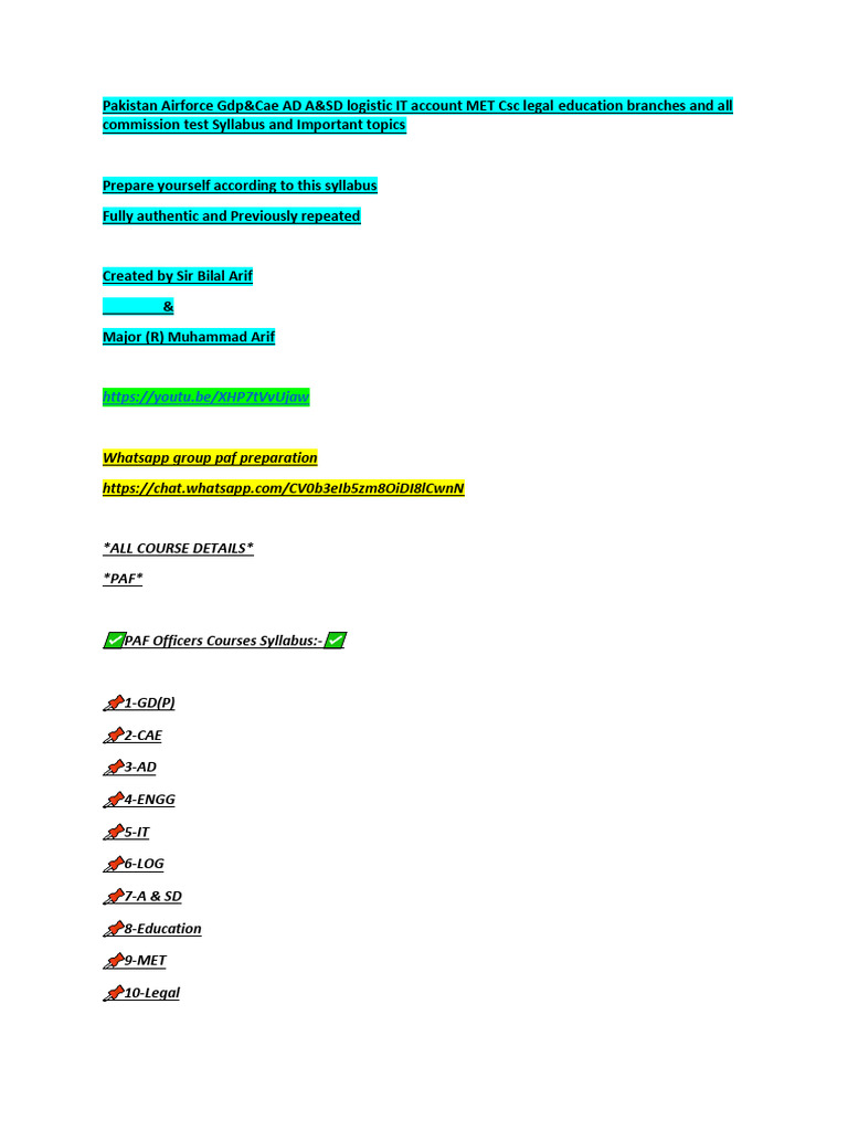 Paf Commission All Branches Test Authentic Syllabus Latest 2024 | PDF