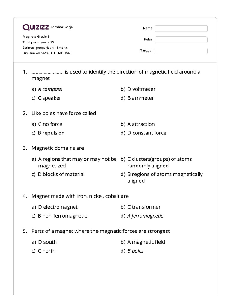 Magnets Grade 8 - Quizizz | PDF