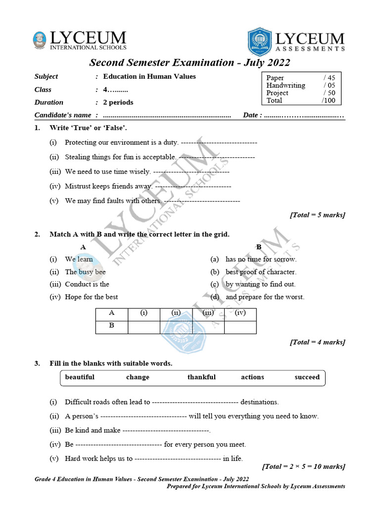 Grade 4 Education in Human Values | PDF