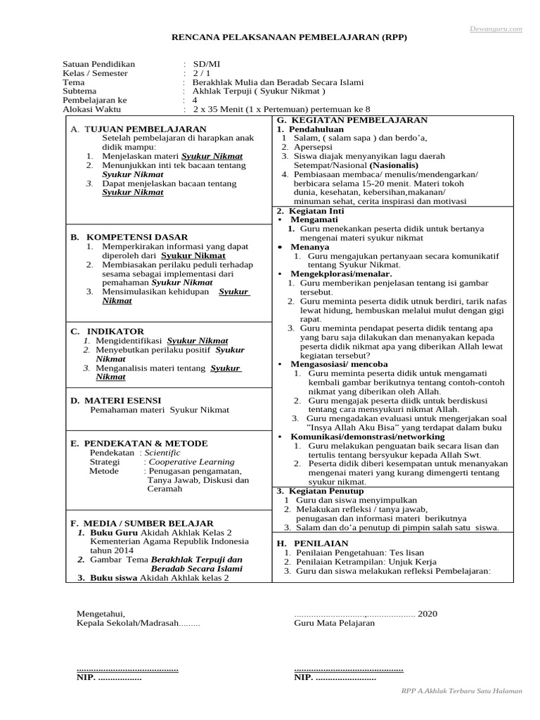 4.RPP Akidah Akhlak Kelas 2 Semester 1 Pelajaran 4 | PDF